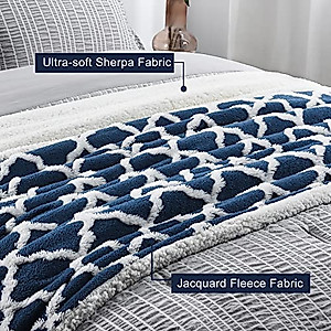 Basic Beyond Fleece Sherpa Throw Blanket - Soft Cozy Navy Blue Throw Blanket with 3D Jacquard Design for Couch,Bed,Travel,Camping,Navy Blue,50"x60"