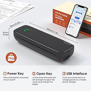 Bisofice A4 Portable Thermal Printer Wireless&USB 2"/3"/4"/8"/8.5" US Letter for Office School, with a Roll Paper Compatible with Win/Mac System Inkless Printing PDF File Webpage Documents (Black)