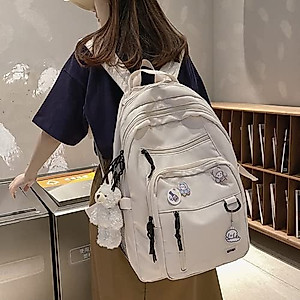 High Capacity Women Backpack Fashion Big Student Backpack Badge Rucksack Girls School Bag Female Cute Leisure Travel Mochila (Only Backpack,white)