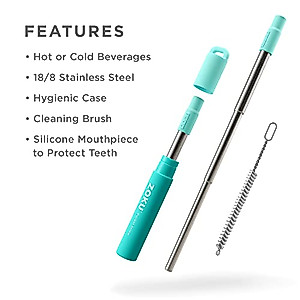 ZOKU Reusable Metal Straw with Case for Travel, Collapsible Stainless Steel Drinking Straw with Silicone Tip and Straw Cleaner Brush, Ideal for Key Chains, Pockets, Purses (Teal Pocket Straw)