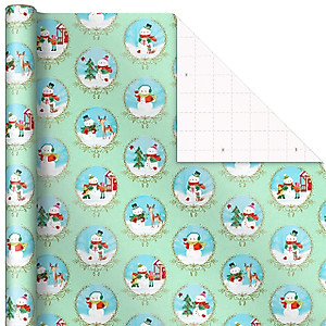 Hallmark Christmas Wrapping Paper with Cut Lines on Reverse (3 Rolls: 120 sq. ft. ttl) Woodland Storybook Critters, Deer, Snowmen, Mint Green and Teal Blue Plaid