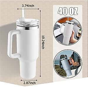 Xereizo 40 oz Tumbler with Handle and Straw, Leak Proof Stainless Steel Insulated Travel Coffee Tumbler Cups Lid and Straw, Iced for 40 Hours Cupholder Friendly Water Bottle Mug, Frost, White