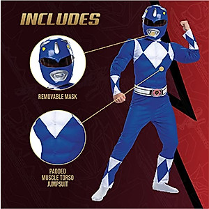 Blue Power Ranger Costume, Kids Size Beast Morphers Muscle Padded Character Jumpsuit and Mask, Classic Child Size Medium (7-8)