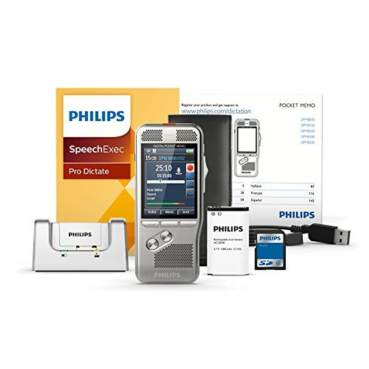Philips DPM-8000 Professional Digital Pocket Memo with Cradle and Speechexec Pro Software
