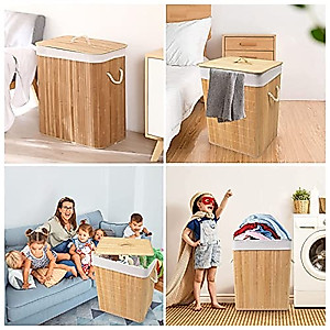 Laundry Hamper Bamboo, Large Clothes Storage Basket with Lid and Removable Liner, Freestanding Dirty Clothes Hamper Bin, Laundry Basket Organizer for Clothes Toys in the Dorm and Family