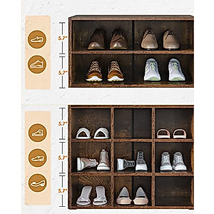 HAIOOU Shoe Cubby, 9-Cube Stackable Wood Shoe Rack Organizer 5-Tier Freestanding Wooden Shoe Stand with 2 Storage Shelf for 10-15 Pairs, Ideal for Apartment Entryway Closet Organization - Rustic Brown