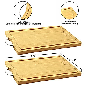 McCook® MCW11 Bamboo Cutting Boards Set of 4, Chopping Board Set w Juice Groove& Metal Handle, Cheese Charcuterie Board Serving Tray for Meat, Cheese and Vegetables(L, 17”11.4”0.8”)