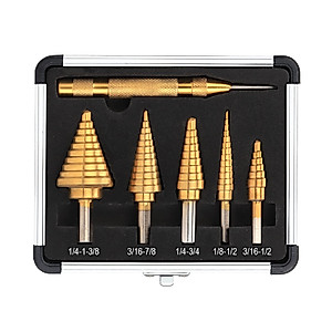 Yougfin Step Drill Bit Set-5 Pcs HSS Titanium Coated Step Drill Bits with Extra Automotive Center Punch-50 Sizes High Speed Steel Step Bits for Metal with Aluminum Case