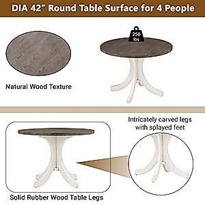 Merax 5-Piece Mid-Century Solid Wood Round Dining Table Set with 4 Upholstered Chairs for Small Places, Family Kitchen Furniture, White & Brown