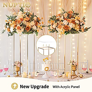 Nuptio Gold Vases for Centerpieces Wedding with Acrylic Panel - 2 Pcs 31.5 inch Tall Metal Flower Vase Flowers Stand - Elegant Bulk Weddings Decoration Table Geometric Centerpiece for Party Tables