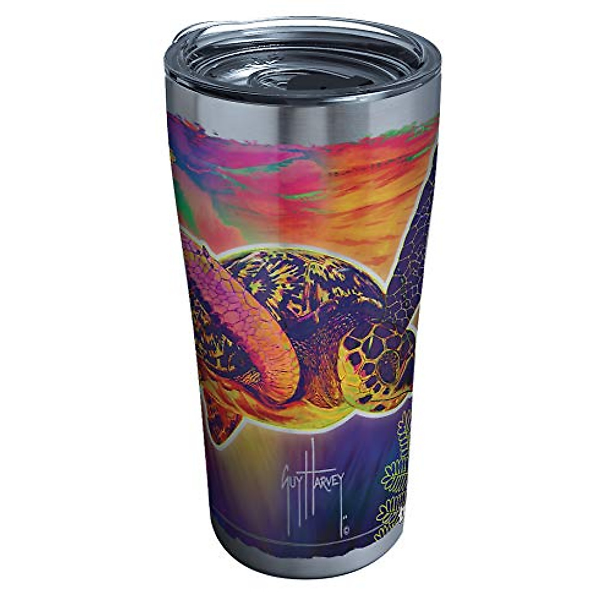 Tervis Triple Walled Guy Harvey Insulated Tumbler Cup Keeps Drinks Cold & Hot, 20oz - Stainless Steel, Neon Turtle