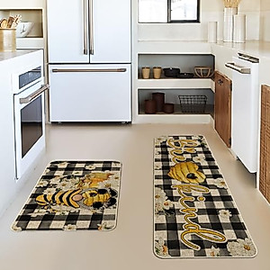 Artoid Mode Buffalo Plaid Gnome Bee Kind Honey Summer Kitchen Mats Set of 2, Daisy Spring Home Decor Low-Profile Kitchen Rugs for Floor - 17x29 and 17x47 Inch