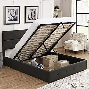 Harper & Bright Designs Queen Platform Bed Frame with Storage Underneath, Metal Size Lift Up , Headboard, Upholstered Bentwood Slats, Gray