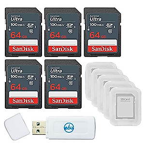 SanDisk 64GB Ultra SD Memory Card 5 Pack SDXC UHS-I Class 10 (SDSDUNR-064G-GN3IN) Bundle with 5 SD Card Cases & 1 Everything But Stromboli Card Reader