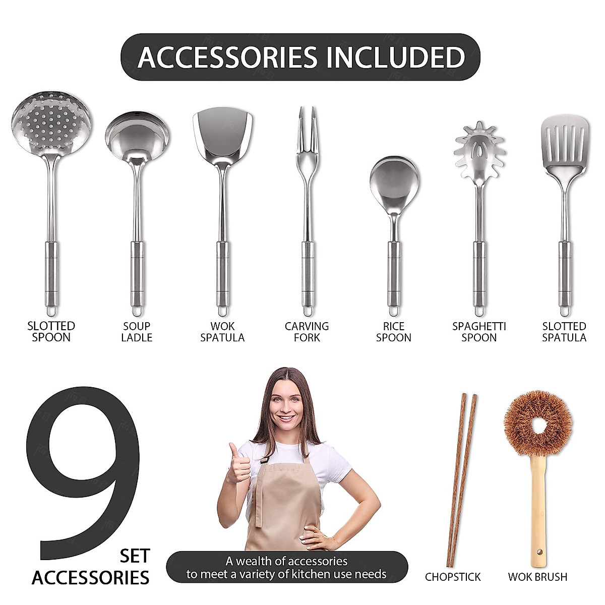 Carbon Steel Wok, 9 Pcs Wok Pan with Glass Lid & Handle Stir-Fry Pans 12.8" Chinese Wok Flat Bottom Wok with Cookware Accessories Suitabe for all Stoves (Black)