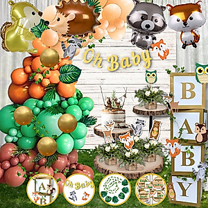 156 pc Woodland Baby Shower Decorations for Boy Kit - Includes Woodland Balloon Arch with Baby Boxes with Letters for Baby Shower, Oh Baby Banner, Animal Balloons, Woodland Creatures Cutouts, Leaf Vines, Table Signs and More - Ideal for Woodland Theme Bab