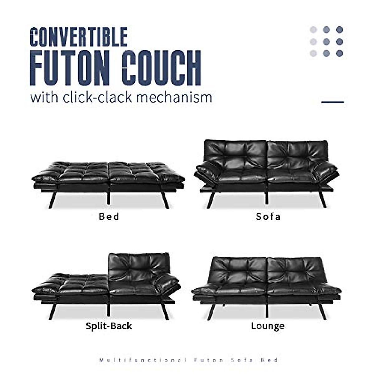 IULULU 70.5" Futon Sofa Bed Faux Leather Sleeper Couch, Convertible Split Loveseat Daybed with Adjustable Back and Arms for Small Spaces Room, Apartment, Office, Dark Black