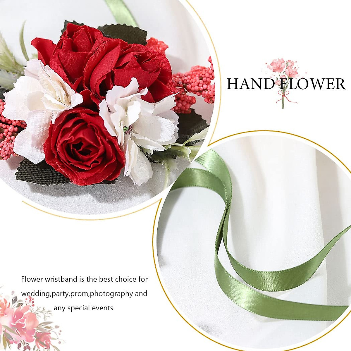 CASDRE Flower Wedding Wrist Corsage Red Floral Bridal Corsage Wristlet with Ribbon Prom Hand Flowers for Women and Brides