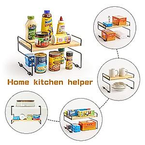 LINOVINO Cabinet Shelf Organizers, Kitchen Counter Organizer Rack Under Shelves Riser, Pantry Cupboard Storage Organization with Metal and Wood Combined, Black and Natural
