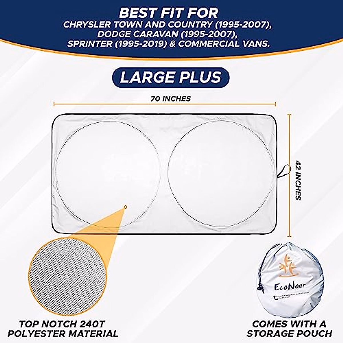 EcoNour Foldable Car Windshield Sun Shade | Sun Shade for Car Windows Blocks UV Rays and Keeps The Heat Out | Foldable Essential Car Accessory for Enhanced Comfort | Large Plus (70 x 42 inches)