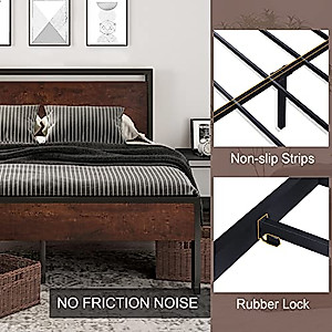 SHA CERLIN 14 Inch Queen Size Metal Platform Bed Frame with Wooden Headboard and Footboard, Mattress Foundation, No Box Spring Needed, Large Under Bed Storage, Non-Slip Without Noise, Mahogany