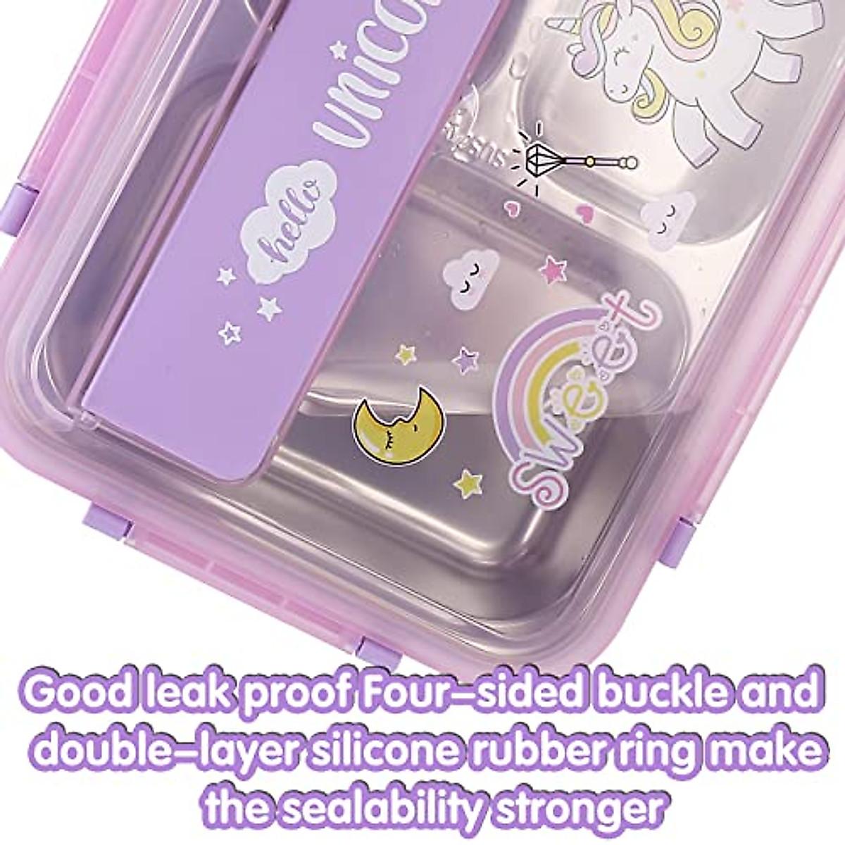 IAMGlobal Unicorn Stainless Steel Bento Box, 3 Compartments Thermal Insulation Food Storage Containers, Kids School Lunch Containers, Leakproof Lunch Box Tableware Set, Girls Food Storage(1.1L)