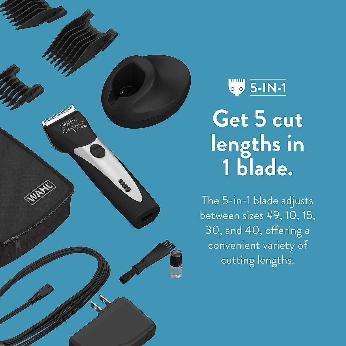 Wahl Professional Animal Chromado Lithium Pet, Dog, Cat & Horse Corded/Cordless Clipper Kit (#41871-0434) - Dog, Cat & Horse Grooming Supplies - Cord/Cordless - Pet Clippers - Black & Silver