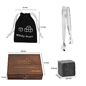 JISUSU Whiskey Stones Gift Set ，9 Whiskey Rocks Chilling Stones in Luxury Wooden Gift Box with Stainless Steel Tongs and Velvet Pouch