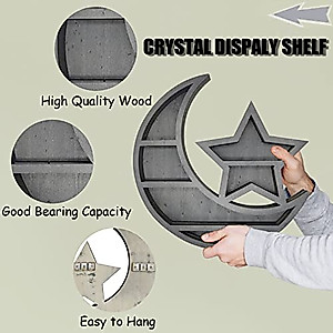 Wooden Moon Shelf, Durable Pine Floating Shelves Engraved Moon Design Shelf for Crystal Essential Oil Display Home Decor-Moon Star04