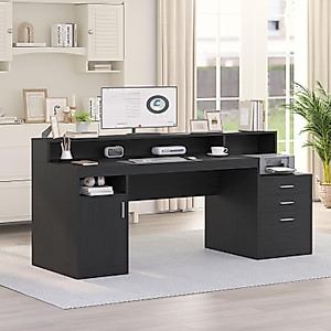 YOMILUVE Computer Desk with 3 Drawer & Storage Shelves, Home Office Desk with File Drawer & Cabinet, Writing Study Table with Long Monitor Stand & Printer Shelf, Executive Desk, Black