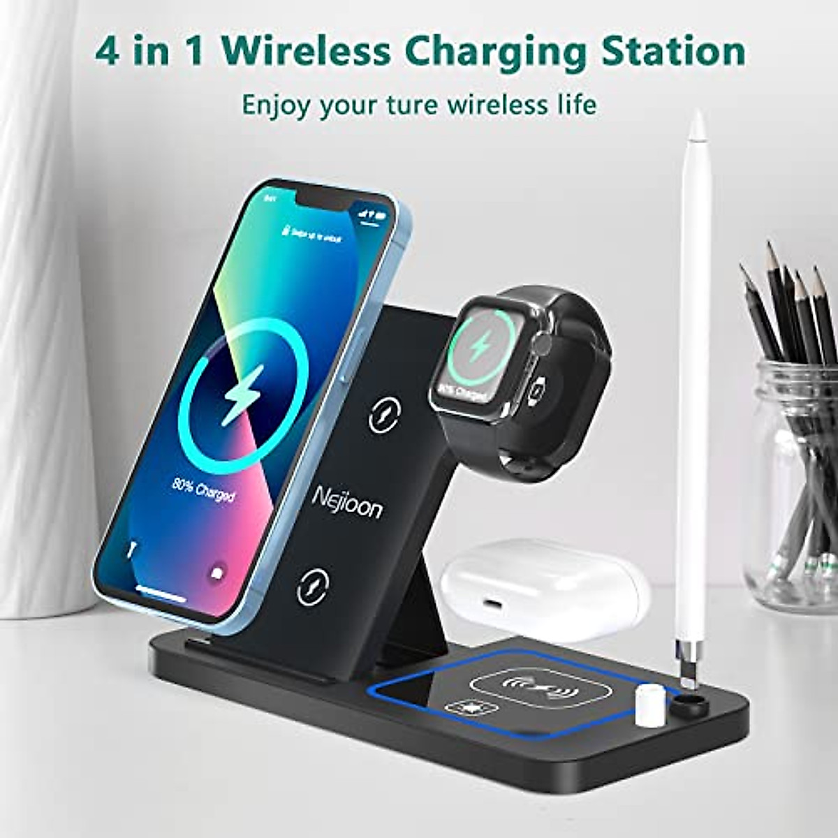 Wireless Charging Station for Apple Multiple Devices - 4 in 1 Charger Station Stand Dock for Apple Watch Series 7 6 SE 5 4 3 2 & Airpods Apple Pencil iPhone 13 12 11 Pro X XR 8 iwatch with Adapter