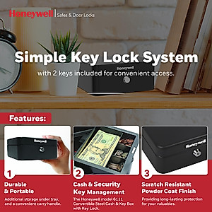 Honeywell Safes & Door Locks - 6111 Convertible Steel Cash and Security Box with Key Lock, Black 6.6x7.9x3.5