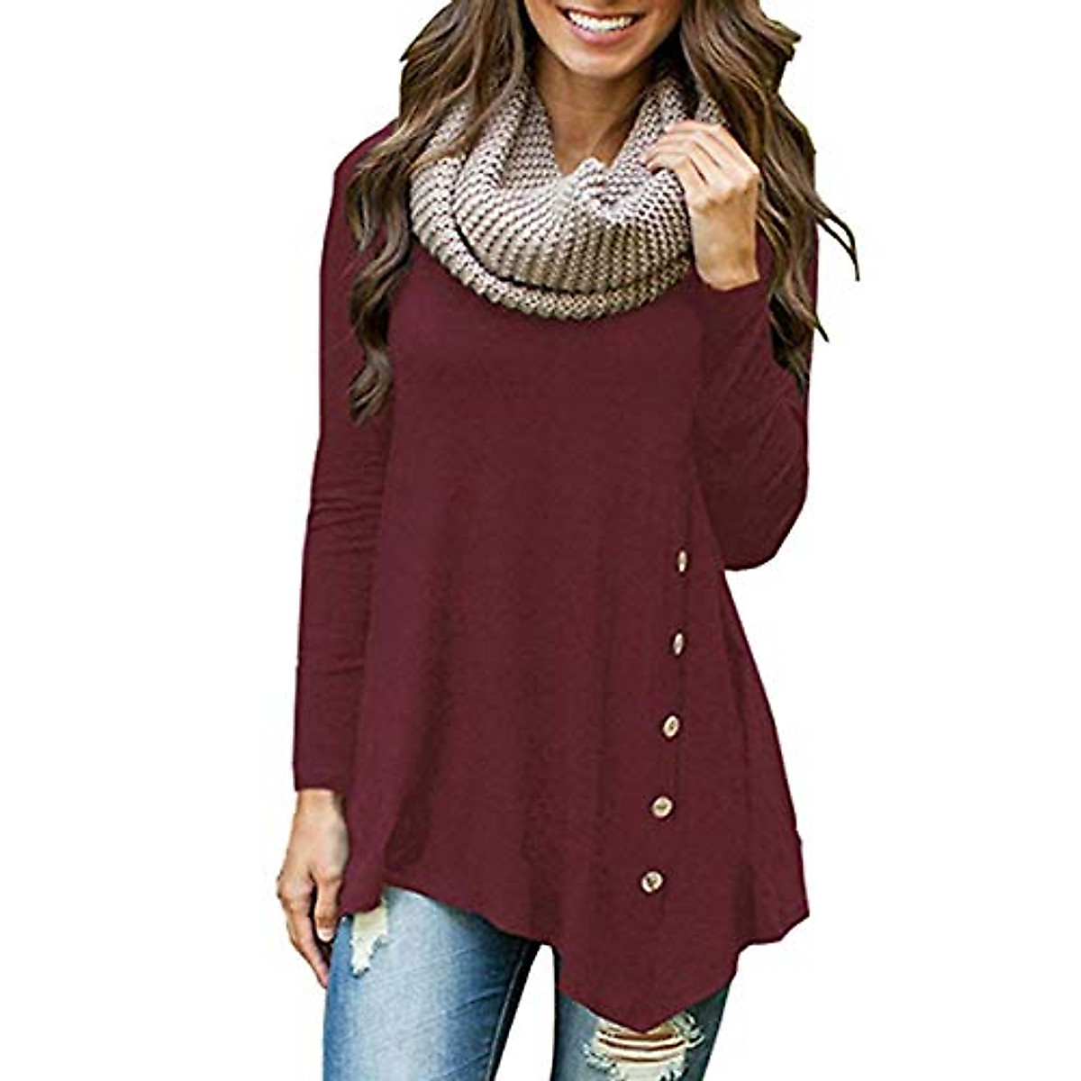 Miskely Women's Long Sleeve Casual Scoop Neck Tees Button Side Shirt Blouse Tunic Top (XL,Wine)