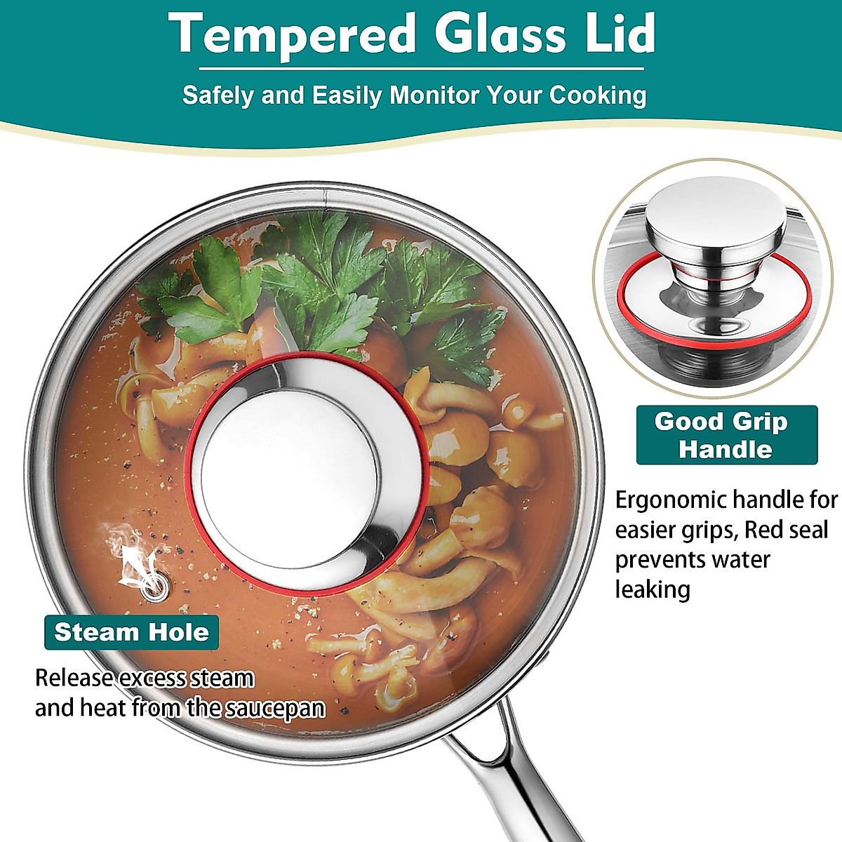 P&P CHEF Small 1 Qt Saucepan, Tri-Ply Stainless Steel Milk Sauce Pan with Glass Lid, Kitchen Induction Cookware for Cooking Boiling Stewing, Dishwasher Safe, Silver