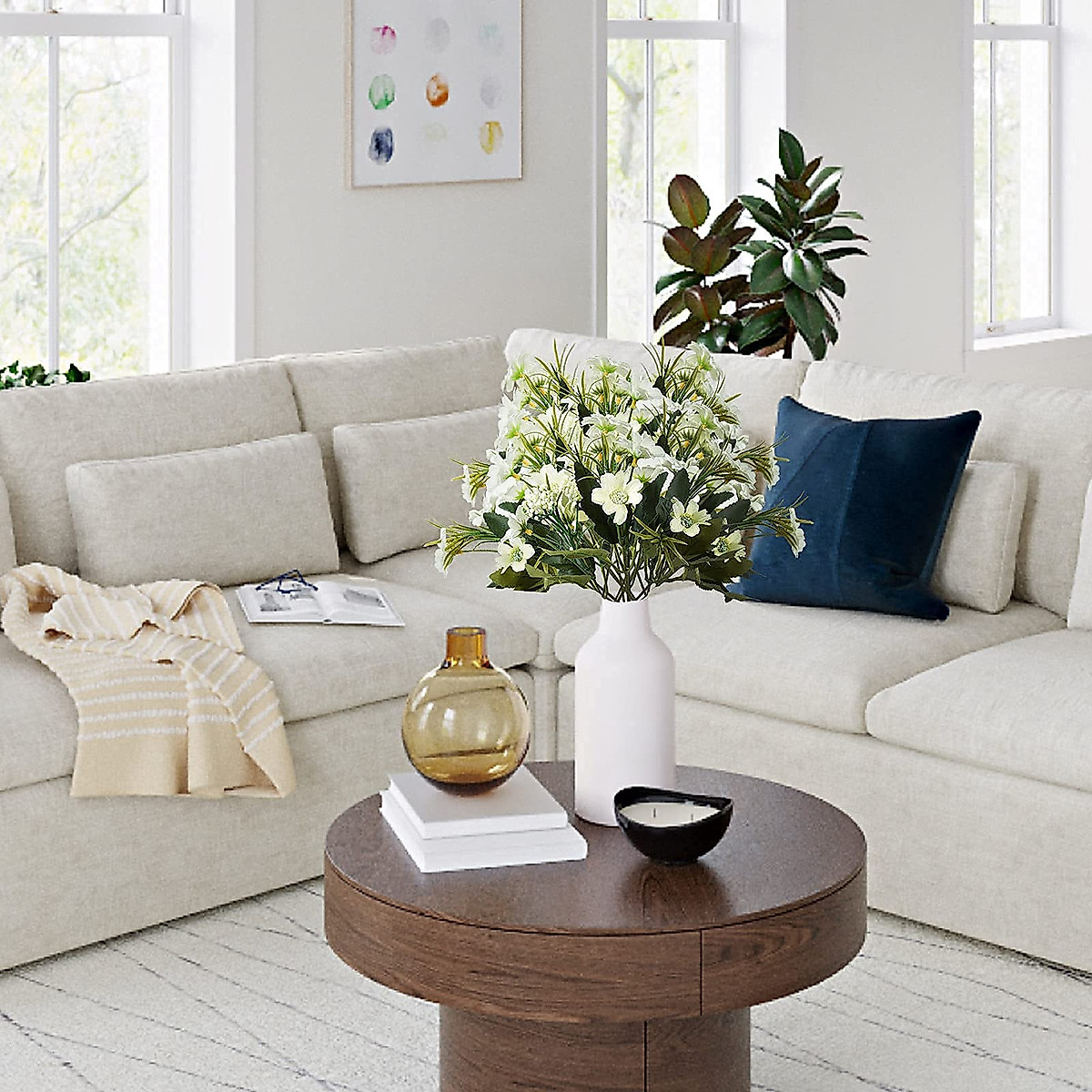 Wofair 6 Packs 14 Inch Artificial Daisy Flowers Bouquet, Fake Silk Flowers with Plastic Stem Leaves UV Resistance, Fake Greenery Plants Shrubs Bushes for Home Office Store Garden Decor (White)