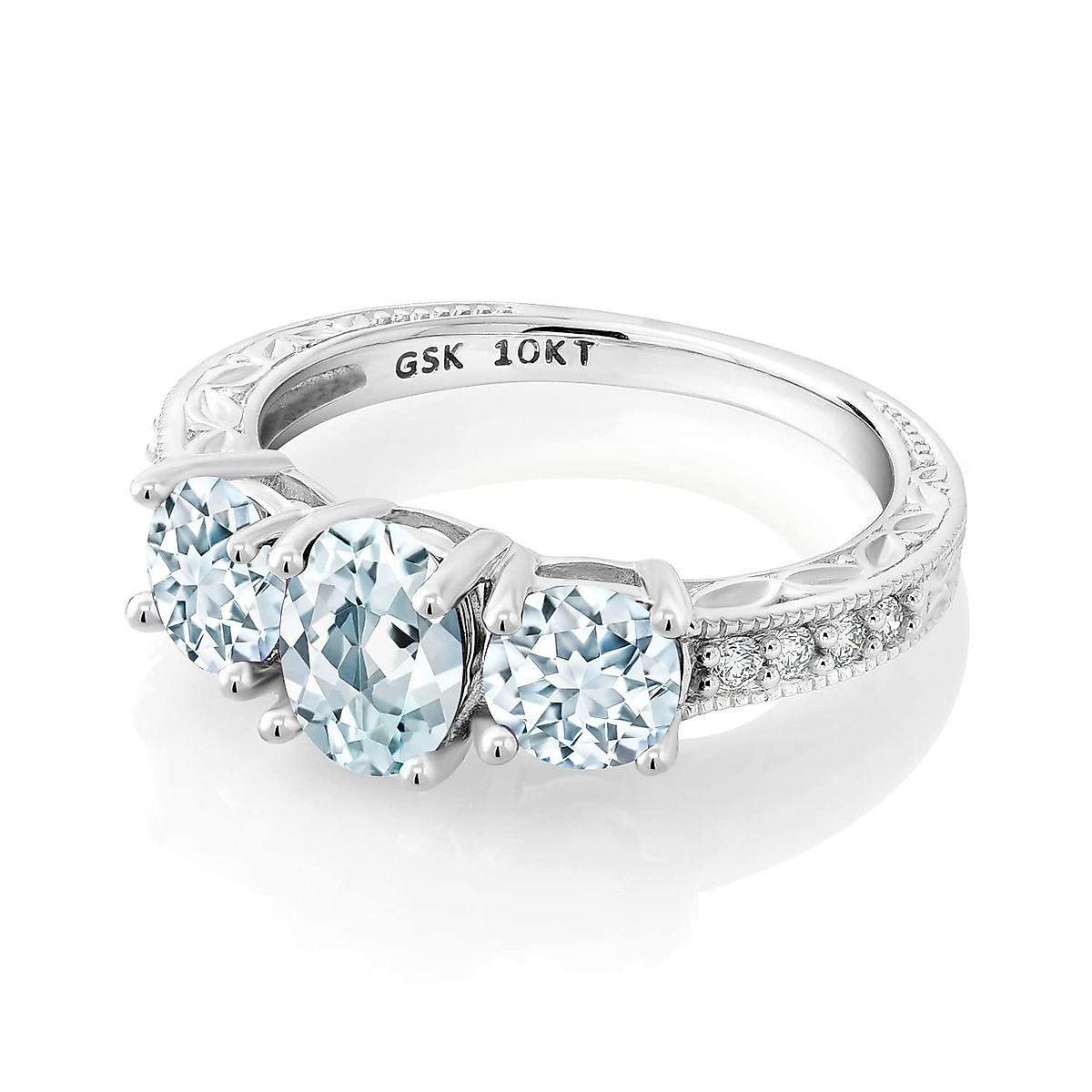 Gem Stone King 10K White Gold Sky Blue Aquamarine and White Lab Grown Diamond 3 Stone Engagement Ring For Women (1.79 Cttw, Oval Gemstone March Birthstone, Available in size 5, 6, 7, 8, 9)