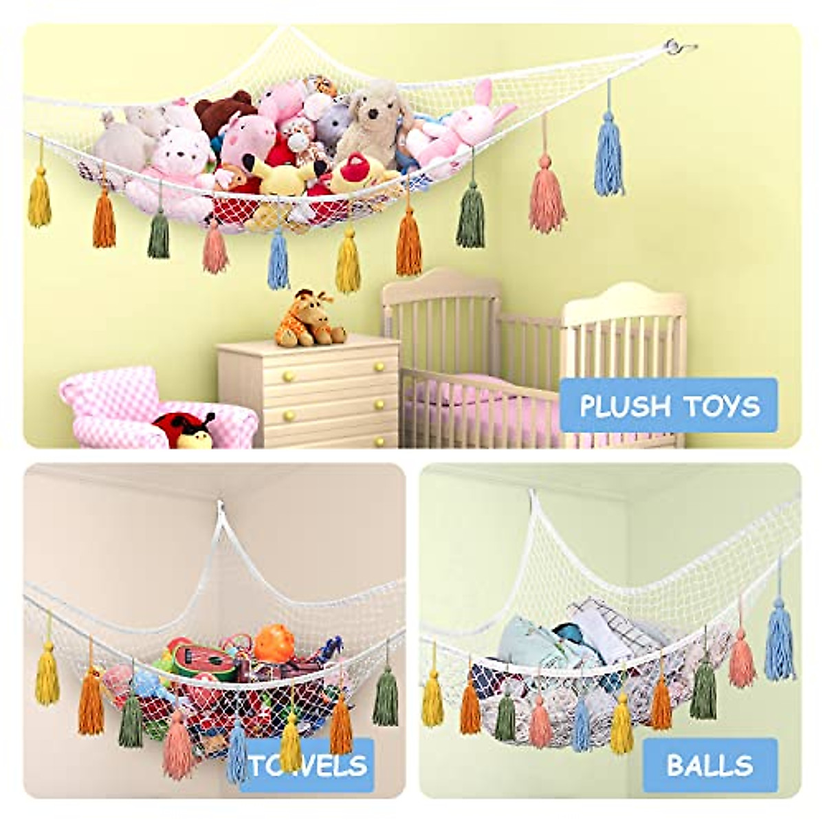 LXUNYI Stuffed Animal Net or Hammock, Net for Stuffed Animals, Plush Toy Net Hammock for Stuffed Animals with Tassels Corner Hanging Mesh Toys Stuffy Net Hammock for Wall