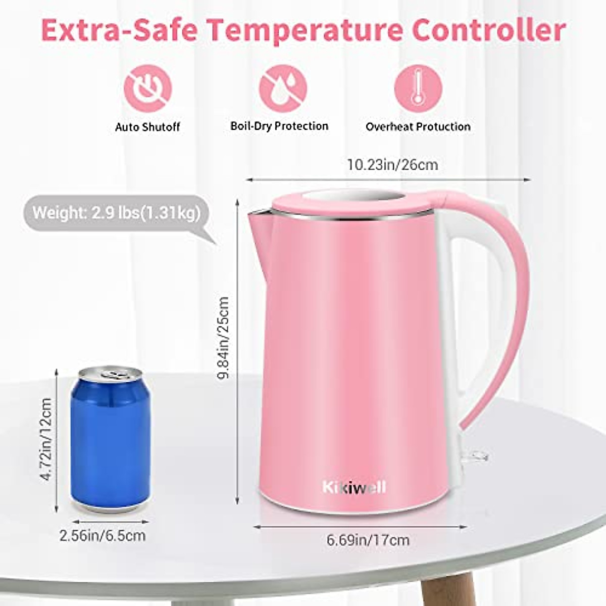 Electric Kettles Stainless Steel for Boiling Water, Double Wall Hot Water Boiler Heater, Cool Touch Electric Teapot, Auto Shut-Off & Boil-Dry Protection, 120V/1200W, 1.8Liter, 2 Year Warranty(Pink)