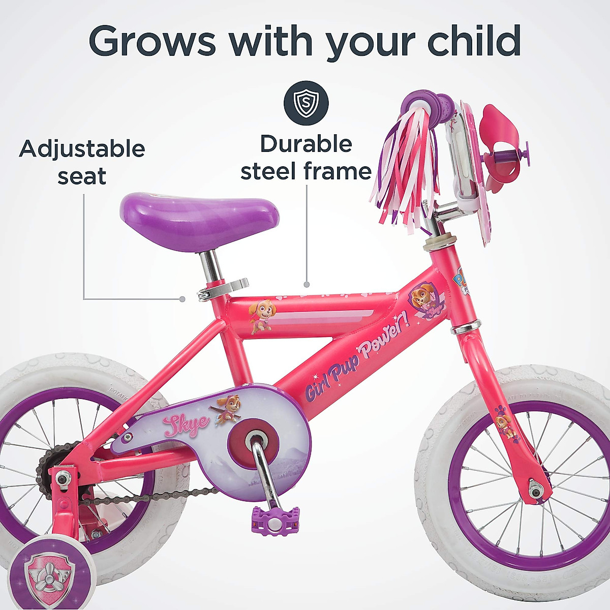 Nickelodeon Paw Patrol Kids Bike, For Boys and Girls Ages 2 to 4 Year Old or 28 to 38 Inch Tall, Paw Patrol Skye on a Pink Steel Frame and Chain Guard, Includes Training Wheels, 12-Inch Wheels