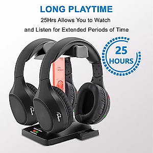 WallarGe Dual Wireless Headphones for TV Watching with 5.8GHz RF Transmitter Charging Dock, Over-On Ear TV Headphones Wireless for 25Hrs Playtime and No Lip-Sync Delay, Plug & Play. Set of Two