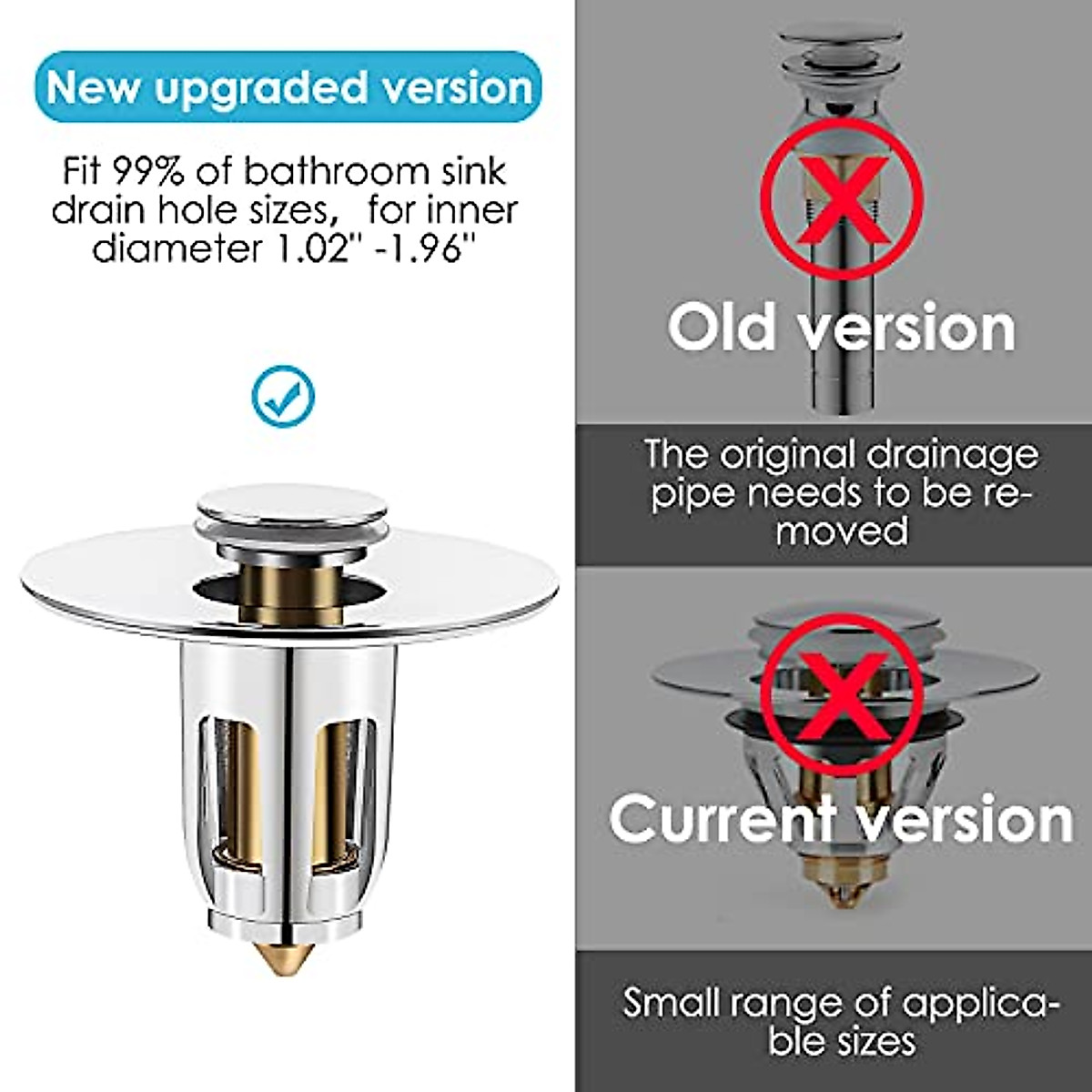 Drifop Universal Bathroom Sink Stopper, Pop-up Sink Drain Stopper, Sink Plug, Sink Strainer and Hair Catcher for 1.02-1.96” Bathroom Sink Drain Upgraded (Silver, 1 PCS)