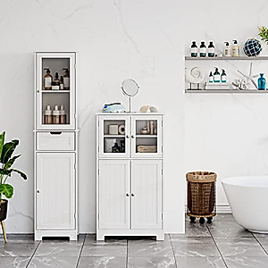 HORSTORS Bathroom Cabinet, Linen Storage Cabinet with Doors, Wooden Floor Cabinet with Adjustable Shelves for Bathroom, Living Room, Office, White