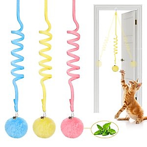 Potaroma Hanging Fluffy Cat Catnip Ball Toys 3 Pcs with Bell, Interactive Cat Teaser Retractable, Cat Toys Indoor Kitten Play Chase Exercise Physical Stimulation