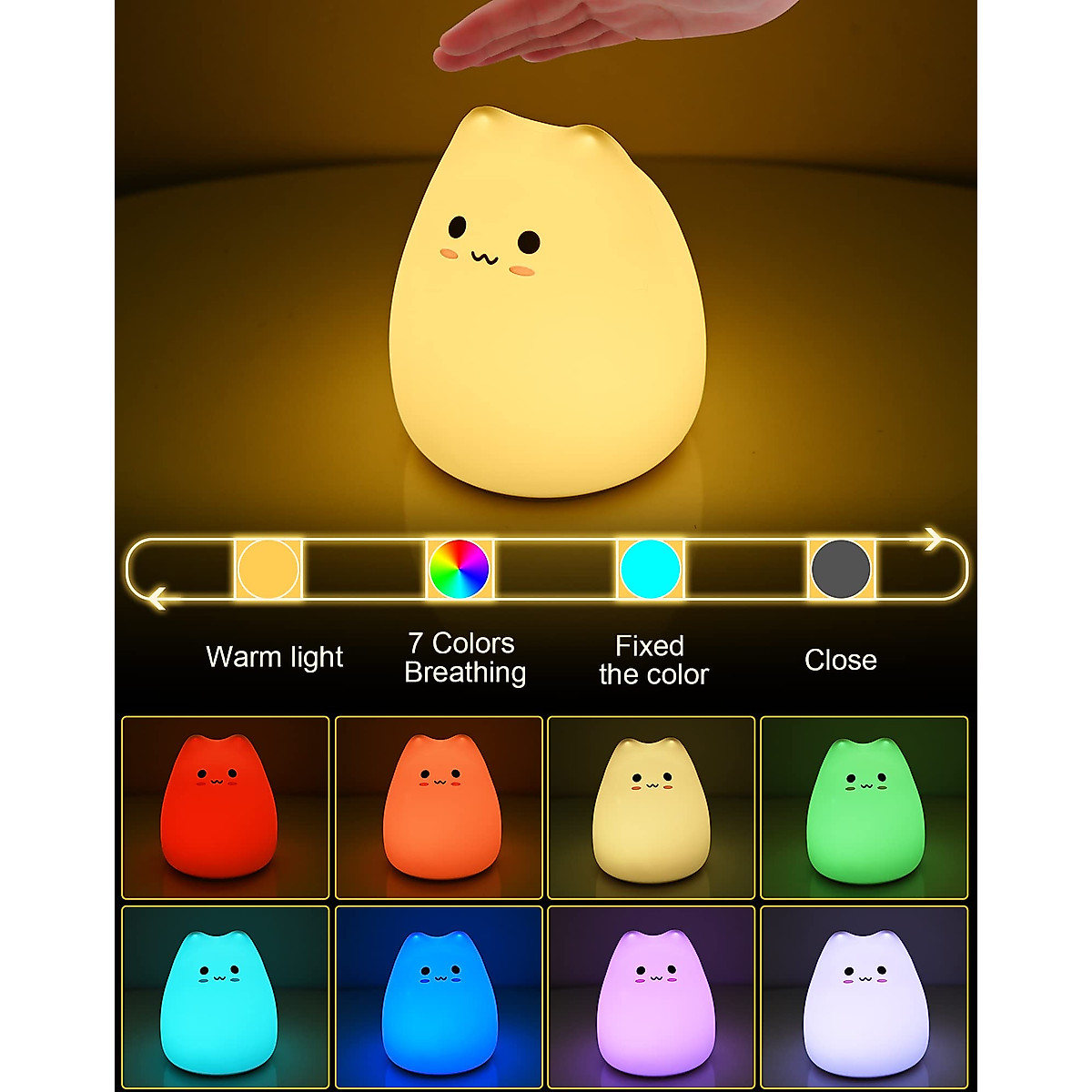 LED Cat Night Light, Battery Powered Night Light for Kids, Silicone Multicolor Cute Cat Lamp with Warm White and 7-Color Breathing Mode, Christmas Gifts for Kids, Baby, Children, Lady (Cute Cat)