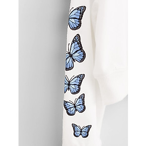 Romwe Girl's Butterfly Print Drop Shoulder Long Sleeve Pullover Hoodie Sweatshirt Crop Top Tee Shirt White 140