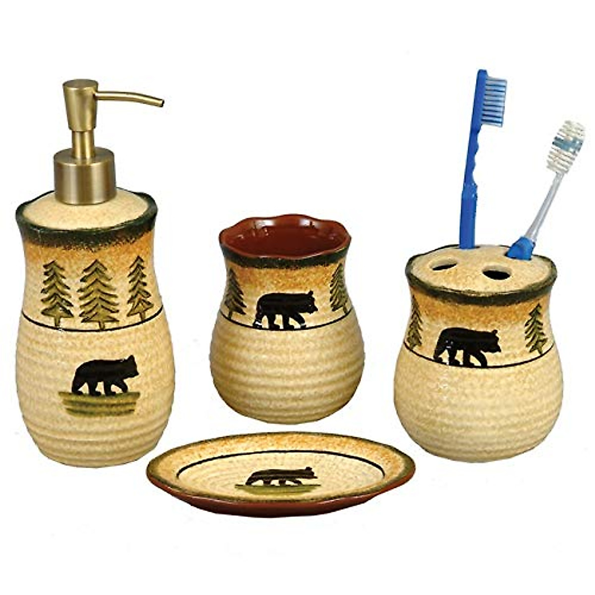 Paseo Road by HiEnd Accents | Rustic Bear 4 Piece Ceramic Bathroom Set with Soap Lotion Dispenser, Tumbler, Toothbrush Holder, Soap Dish, Rustic Cabin Lodge Style