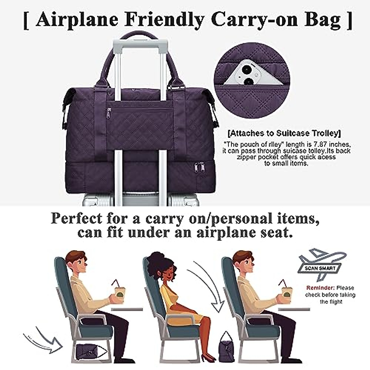 Travel Duffel Bag with Shoes Compartment, Weekender Overnight Bag for Women,Carry on Personal Item Bag,Gym Bag with Toiletry Bag