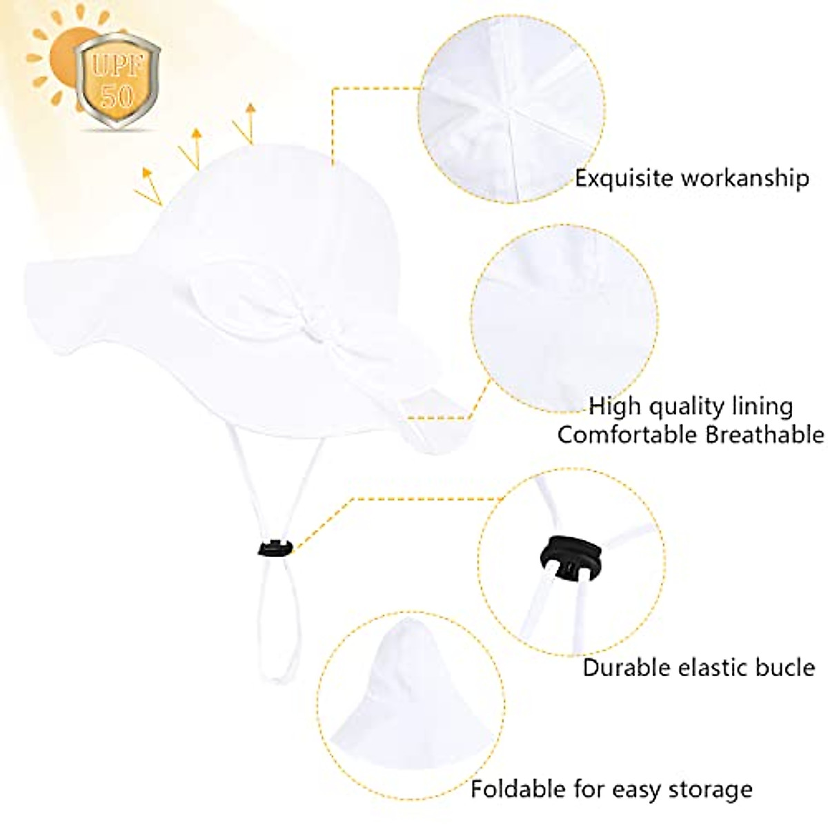 Baby Girl Sun Hat with UPF 50+ Outdoor Adjustable Beach Hat with Wide Brim Bucket Hats (0-6 Months, 1pcs-White, 0_Month)