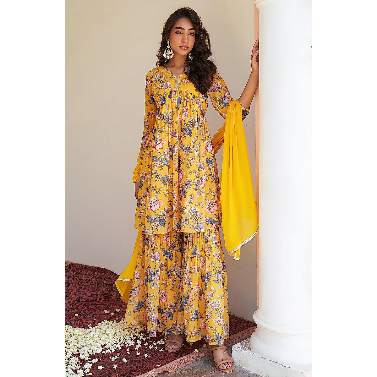 Janasya Indian Women's Yellow Georgette Digital Floral Printed Kurta with Sharara and Dupatta