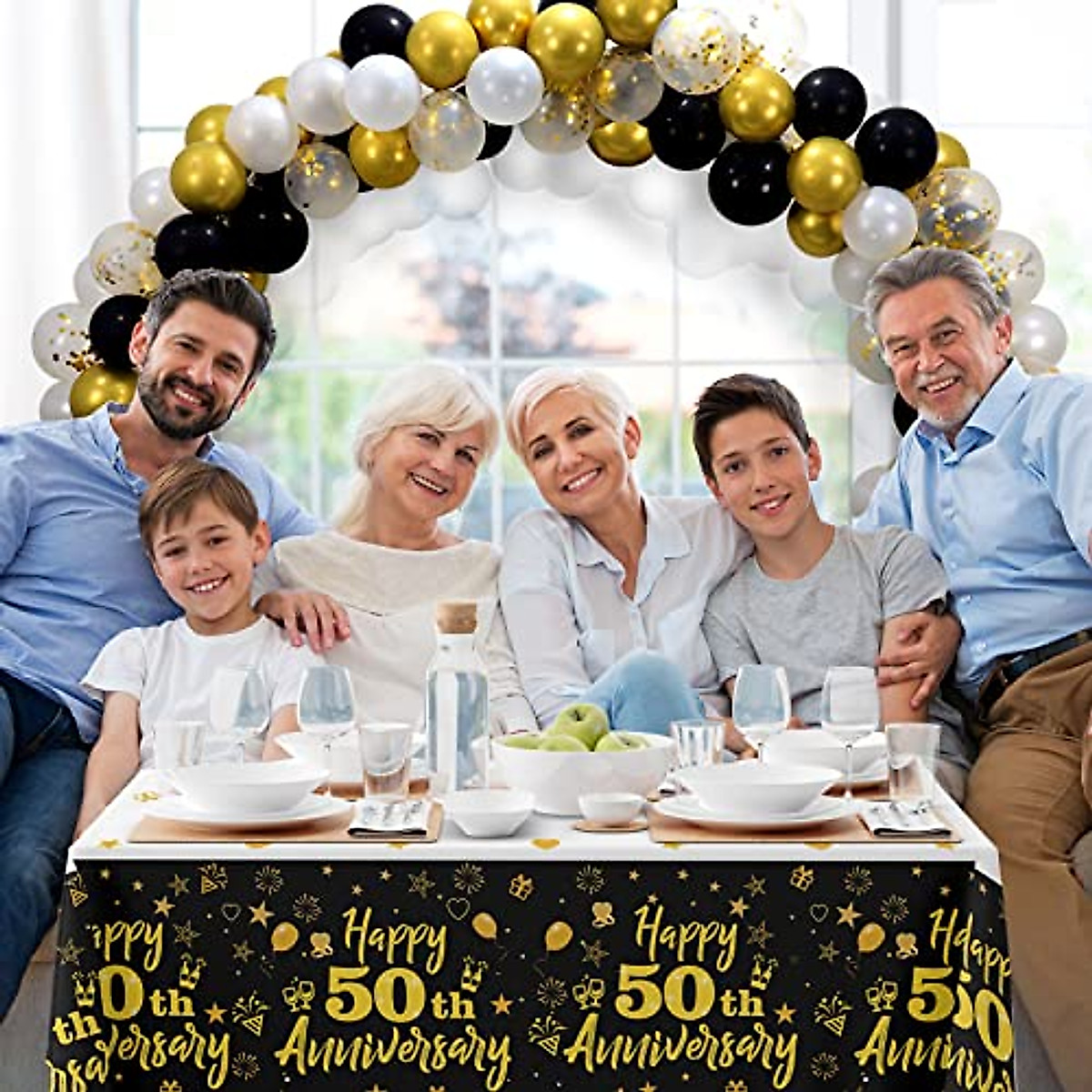 DARUNAXY 50th Wedding Anniversary Decorations, Large Happy 50th Anniversary Banner 70 x 43inch, 50PCS Black Gold Confetti Balloons, 2PCS Tablecloths for Cheer to 50 Year Party Supplies for Men Women